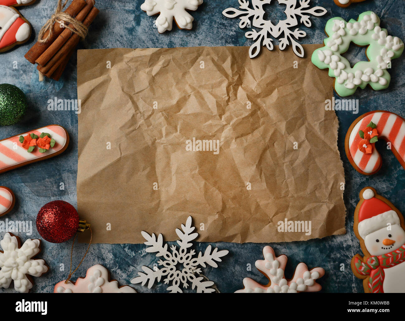 paper christmas background with new year's cookies Stock Photo - Alamy