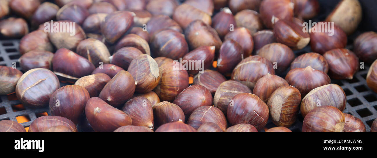 many big roast chestnuts cooked over the hot grill in the cold autumn ...