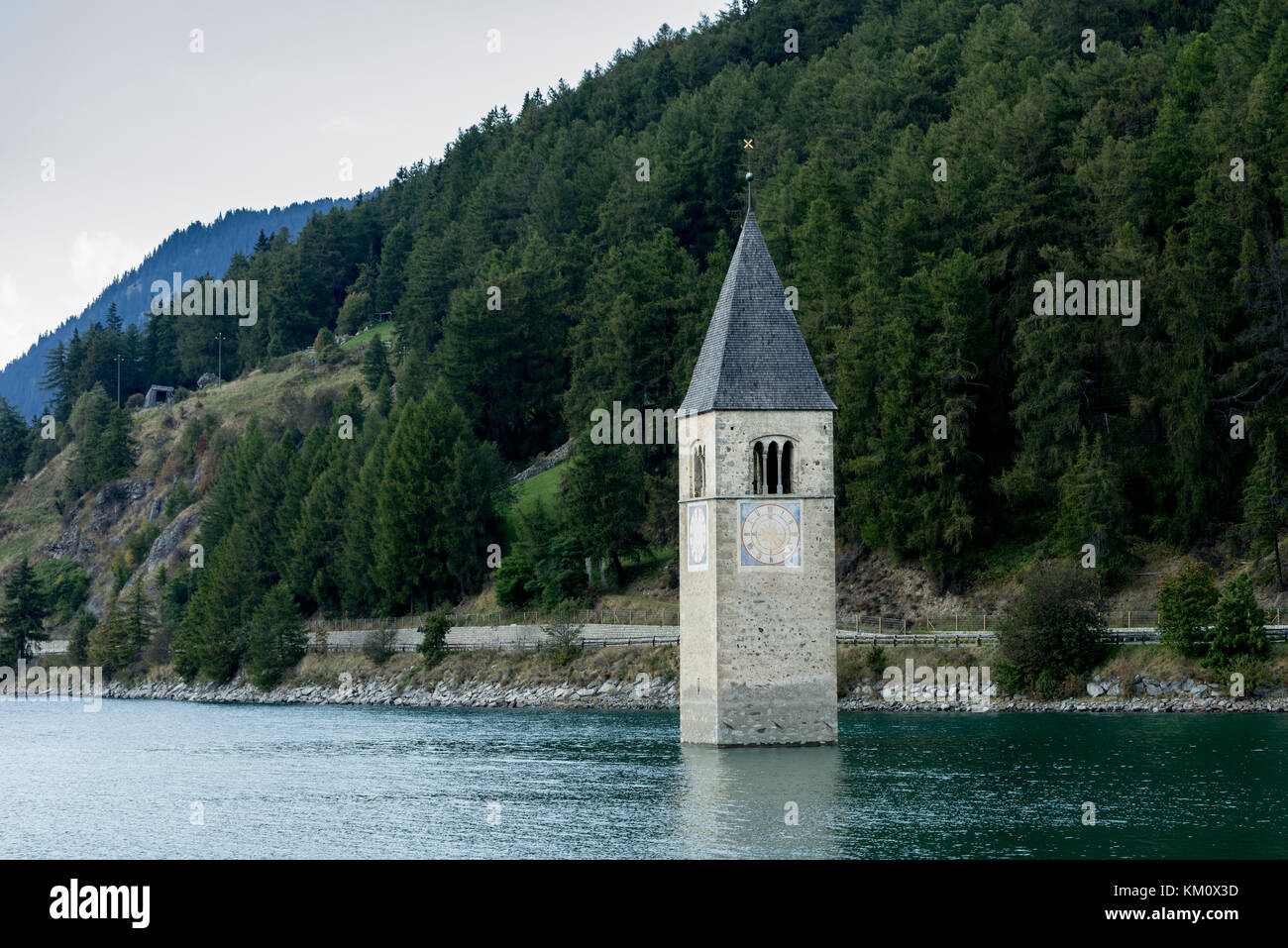 Church under water, drowned village, mountains landscape and peaks in ...