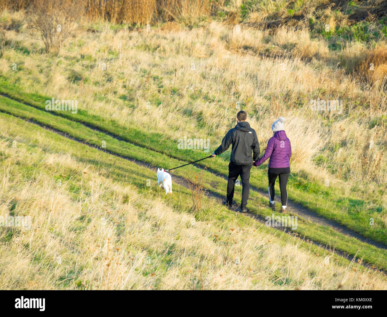 A couple holding hands walk their dog on the Coatham Marsh Nature ...
