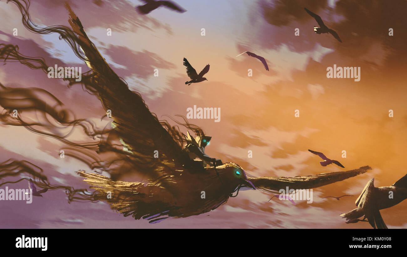 man on the giant bird flying in the evening sky, digital art style ...