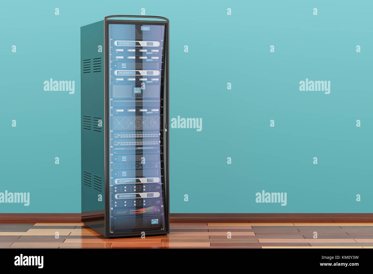 Computer Server Rack in room on the wooden floor, 3D rendering Stock ...