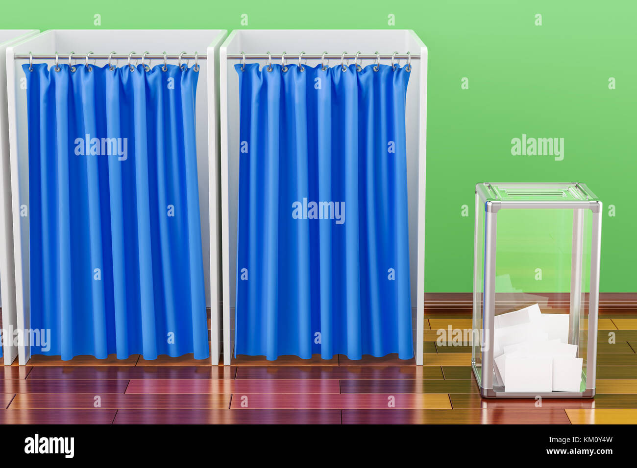 Election ballot box with polling booths in room on the wooden floor, 3D ...