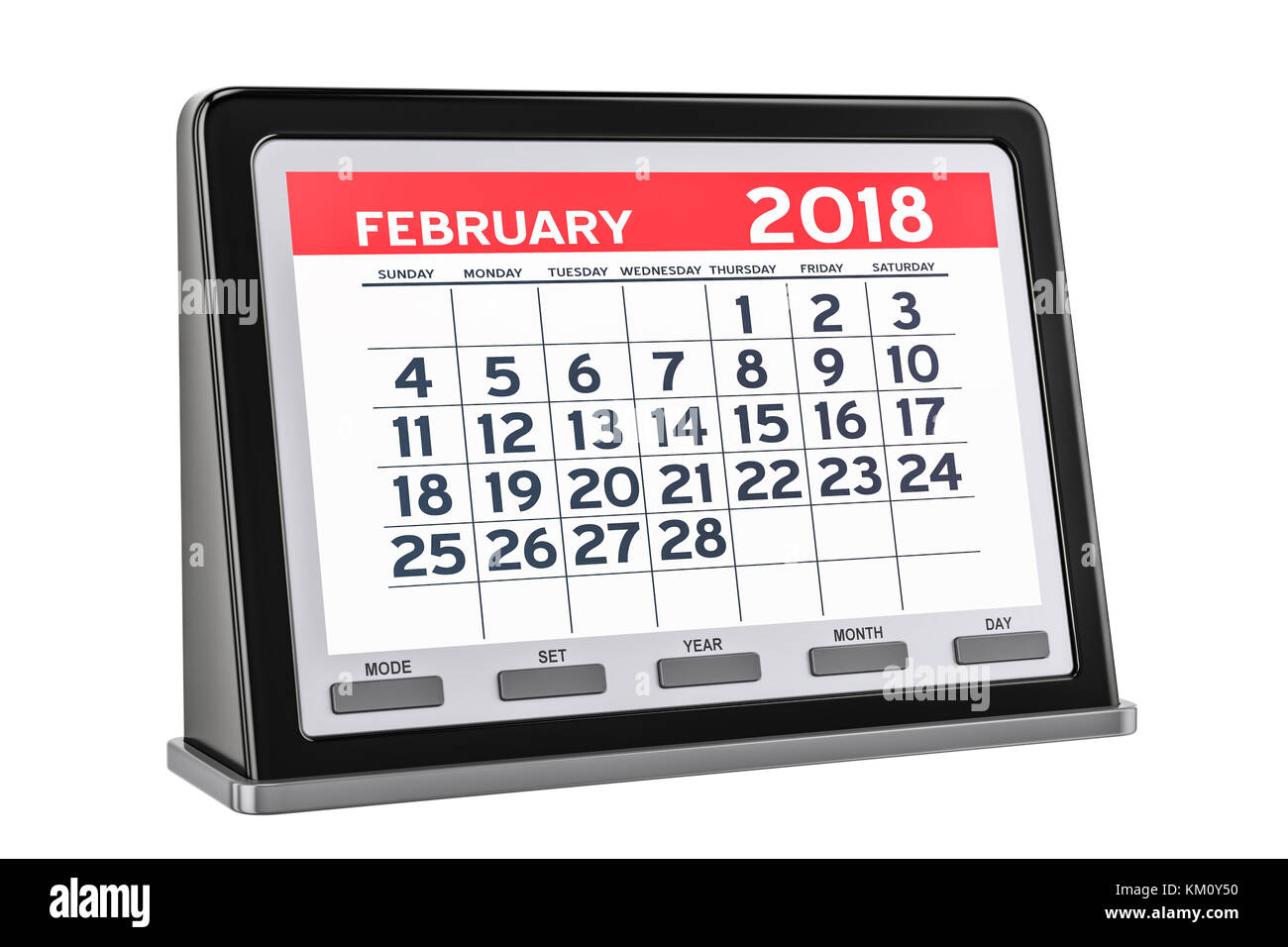 February 2018 digital calendar, 3D rendering isolated on white ...