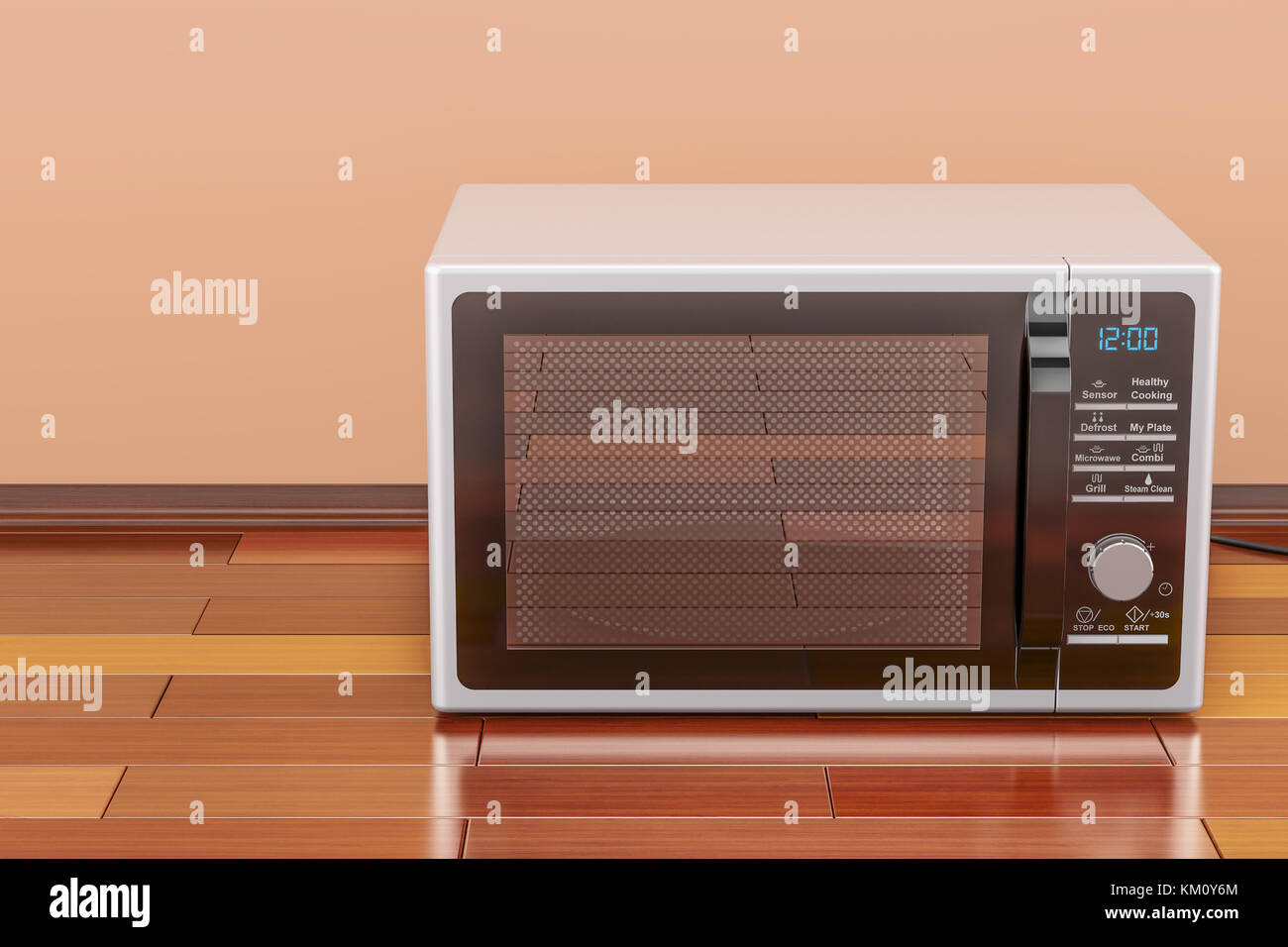 Modern Microwave in room on the wooden floor, 3D rendering Stock Photo ...