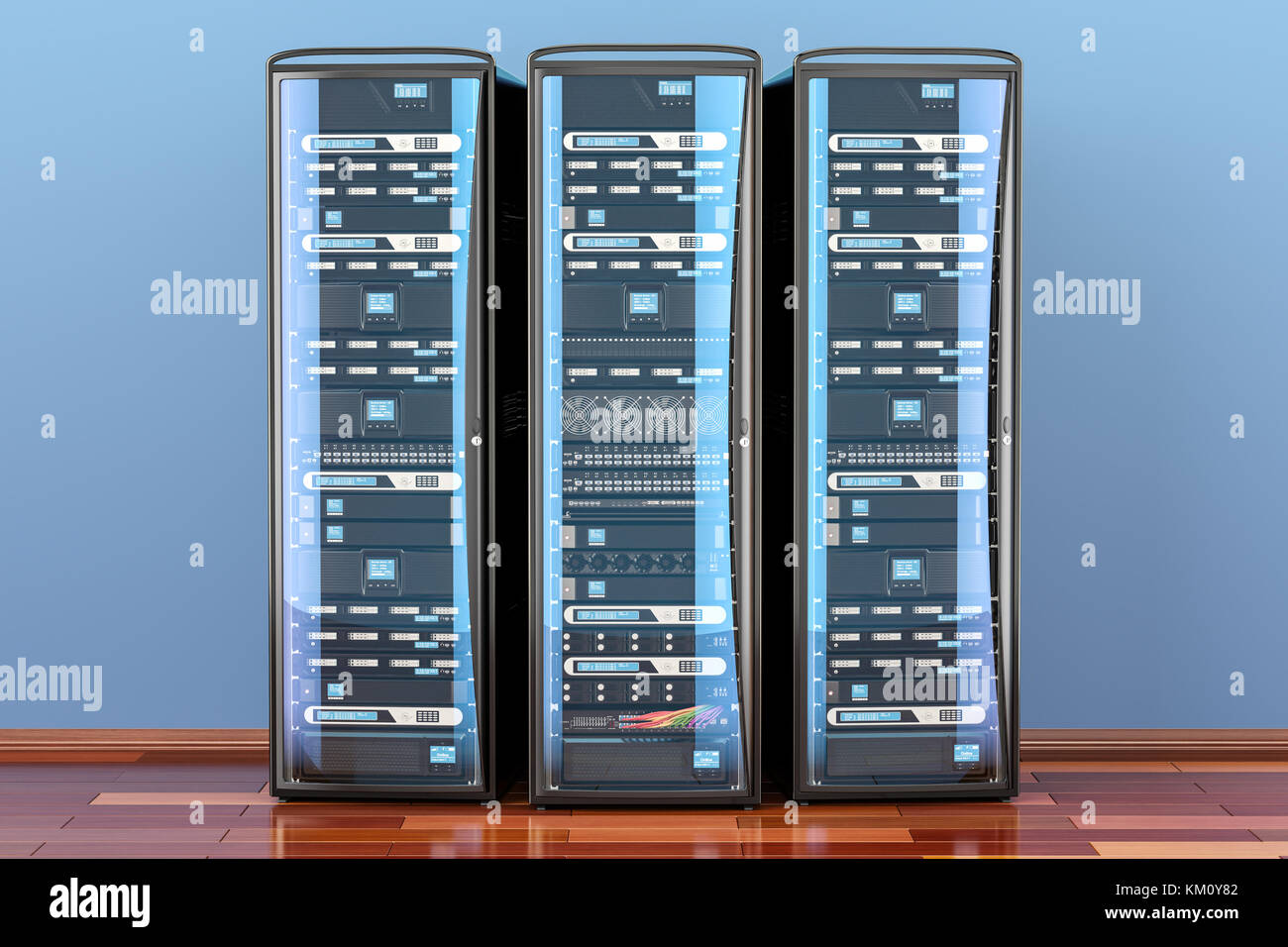 Set of Computer Server Racks in room on the wooden floor, 3D rendering ...