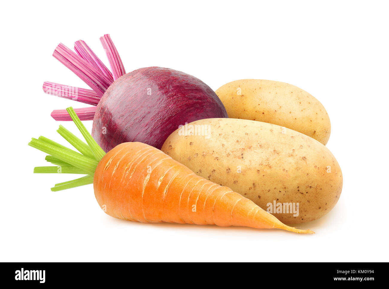Isolated root vegetables. Raw carrot, potatoes and beetroot isolated on ...