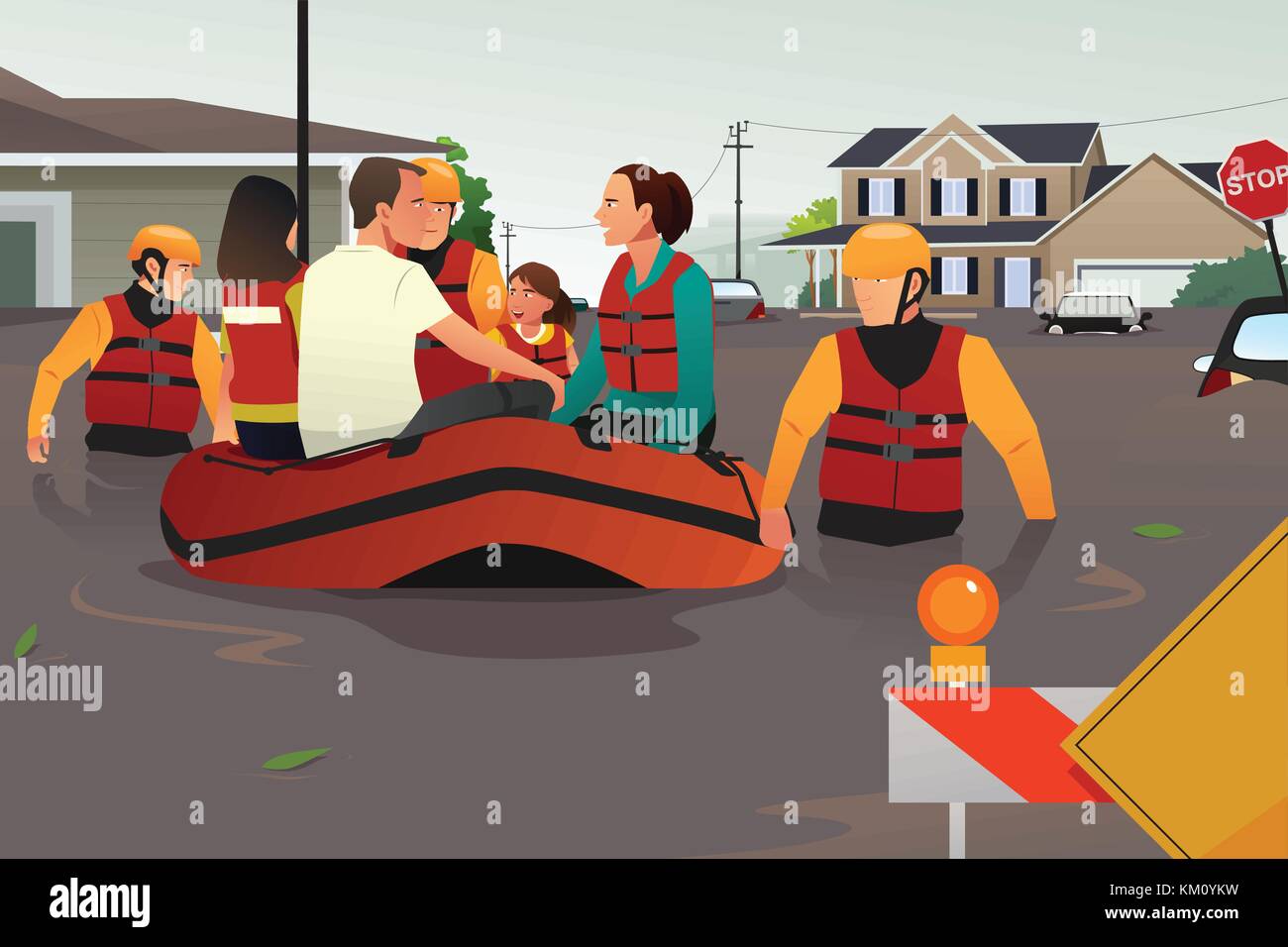 A vector illustration of rescue team helping people by pushing a boat ...