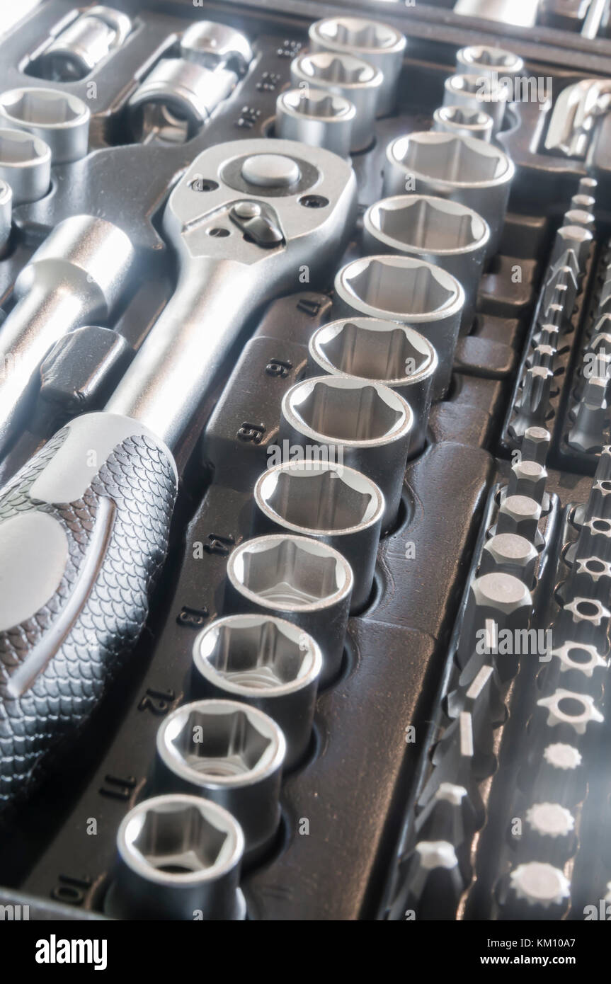 Sockets, tools, wrenches, spanners and bits in a chrome vanadium socket ...