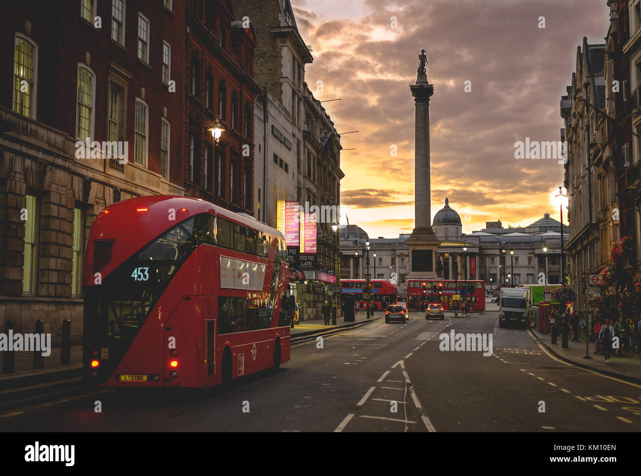 View of Trafalgar Square from Whitehall at sunset in London (UK). July ...