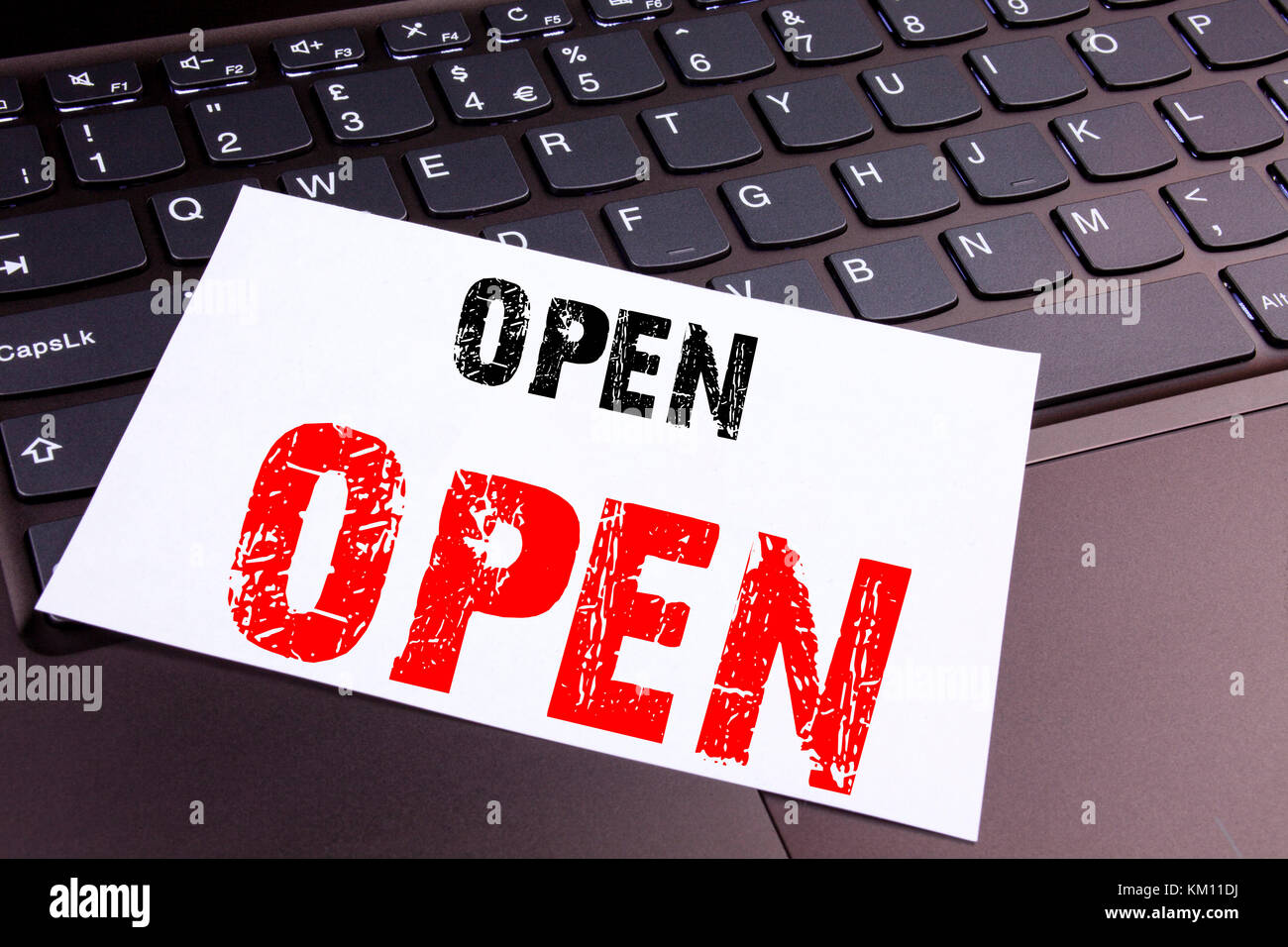 Writing Open text made in the office close-up on laptop computer ...