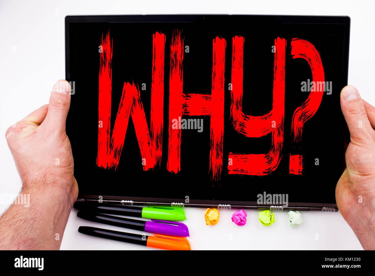 Why question text written on tablet, computer in the office with marker ...