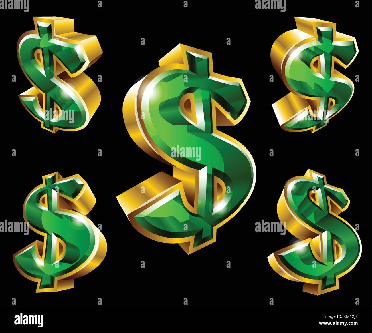 Vector gold set of dollar symbols in 3D style with different angles ...