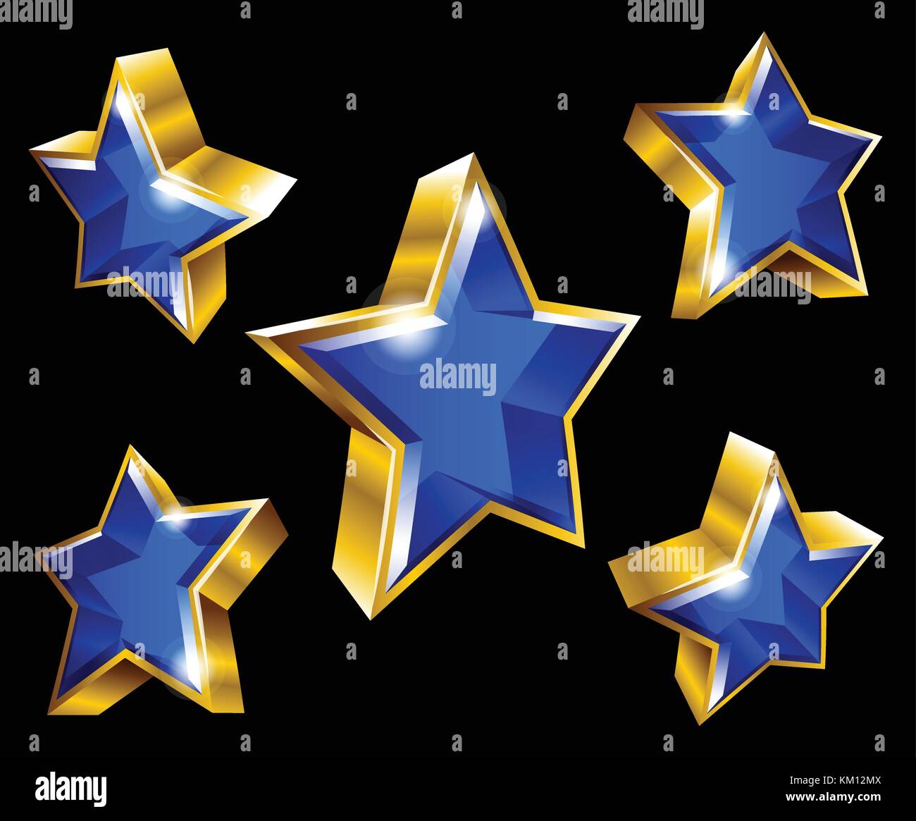 Vector gold star symbols in 3D style with different angles isolated on ...