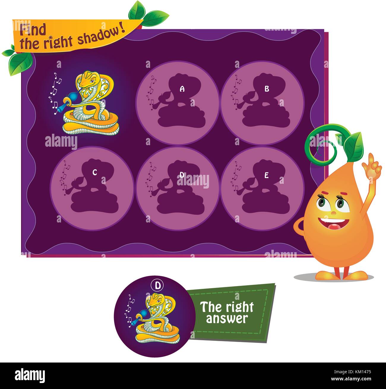 visual game for children and adults. Task the find right shadow snake ...