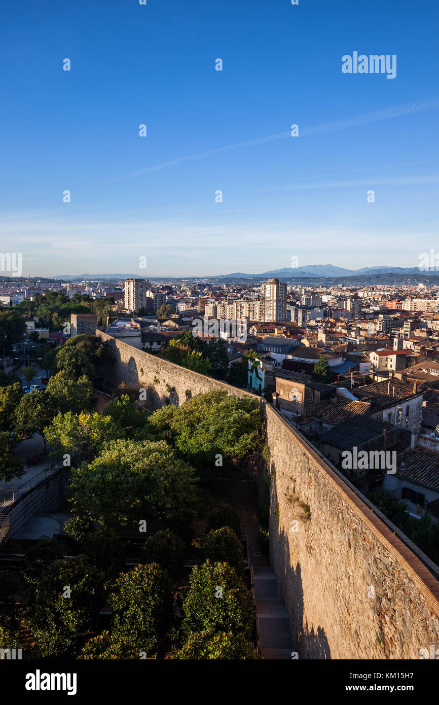 City of Girona cityscape with Passeig de la Muralla, old city wall ...