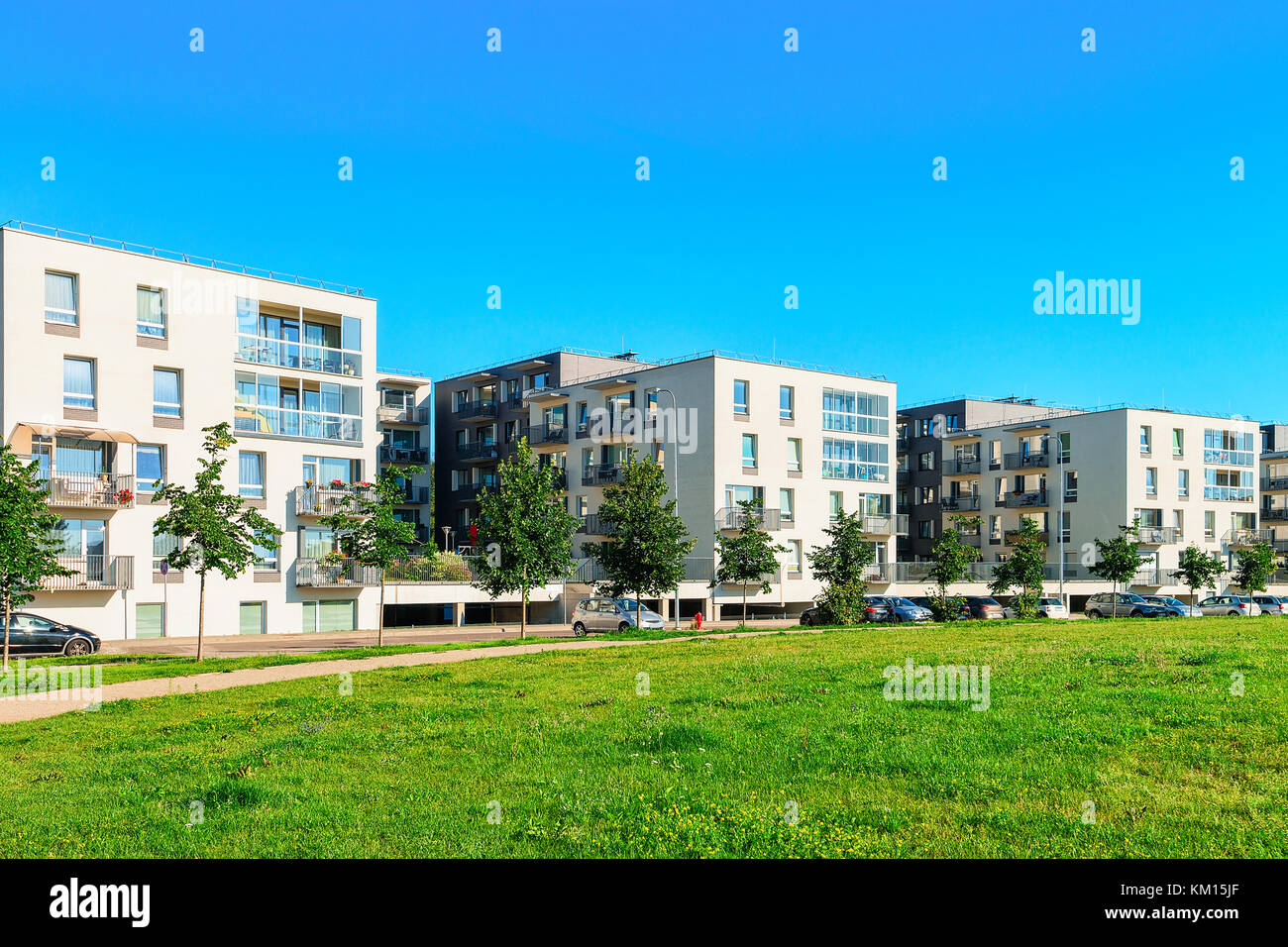 Park at complex of new residential buildings with outdoor facilities ...