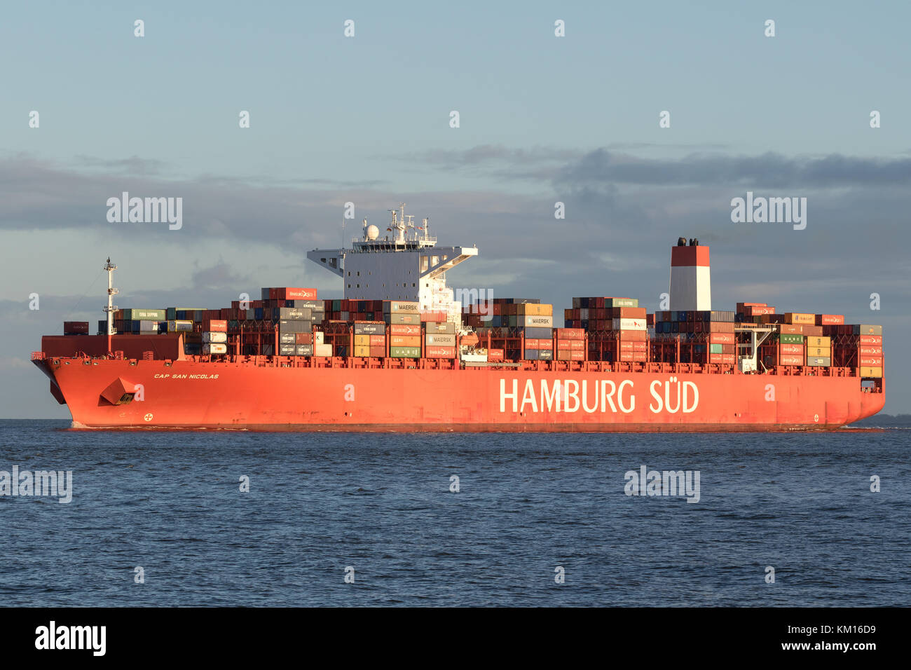 container ship CAP SAN NICOLAS on the river Elbe. German Hamburg Sud is ...