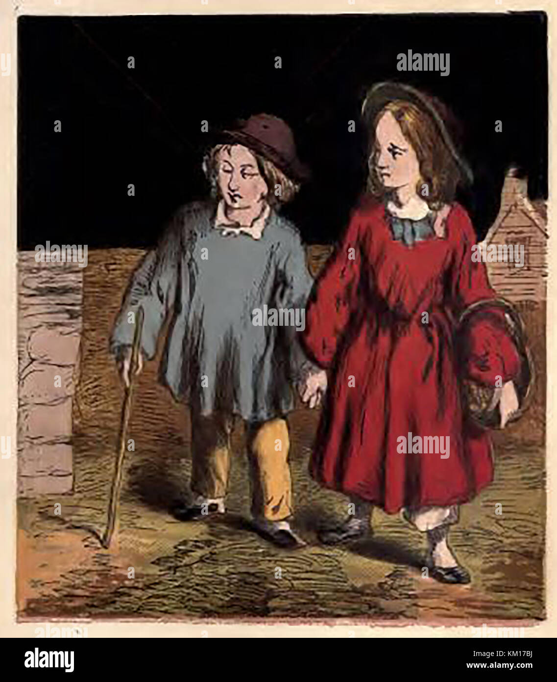 Two children, one of the blind, on a nature walk in everyday clothing ...