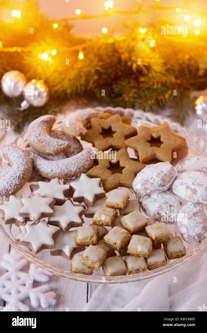 Festive cookies assorted vanilla crescents, cinnamon stars ...