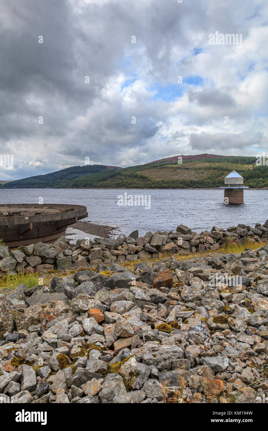 The Concrete spillway and drain off tower of Llyn Celyn reservoir Stock ...