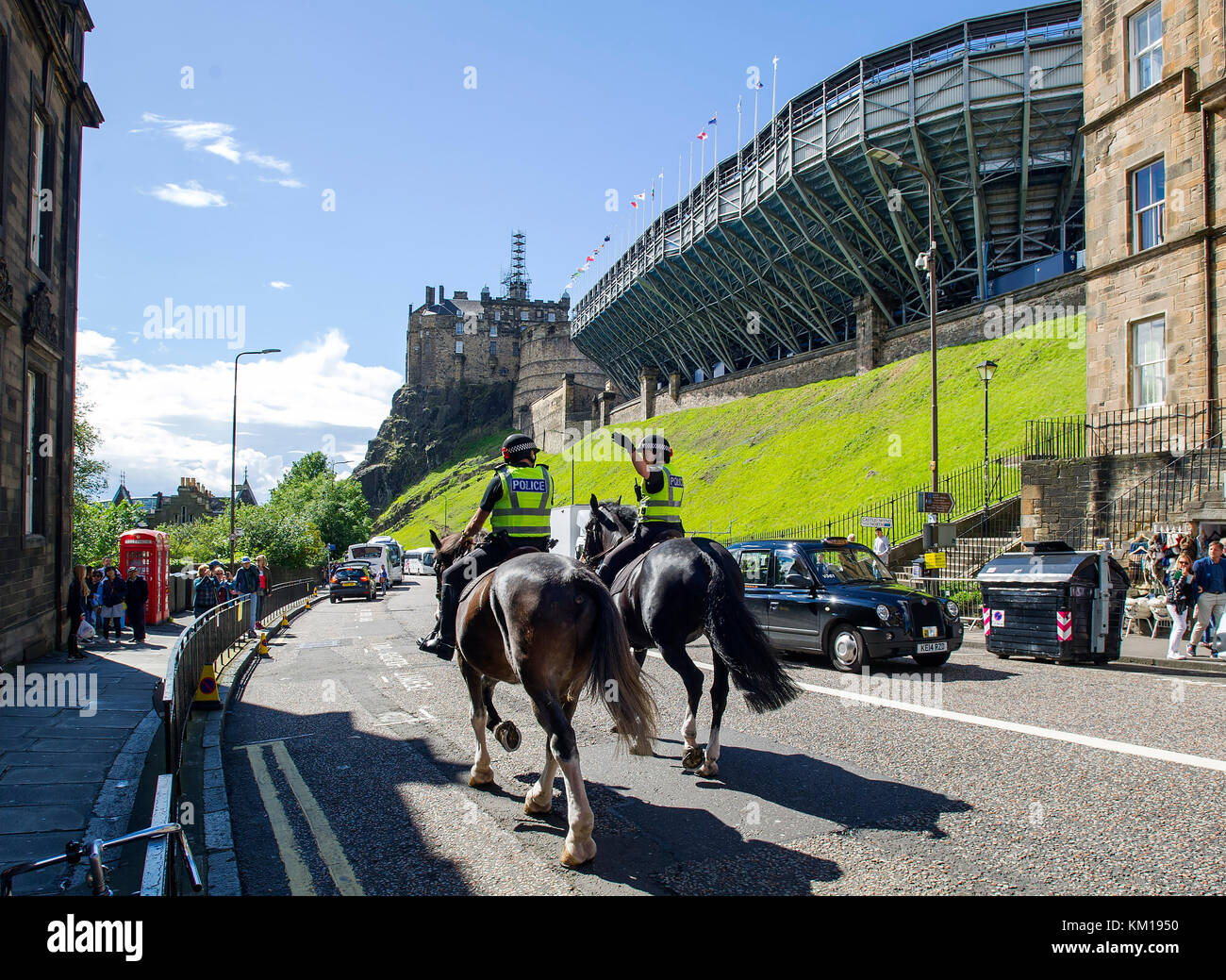 Mounted Police on patrol in Johnston Terrace, Edinburgh during the ...