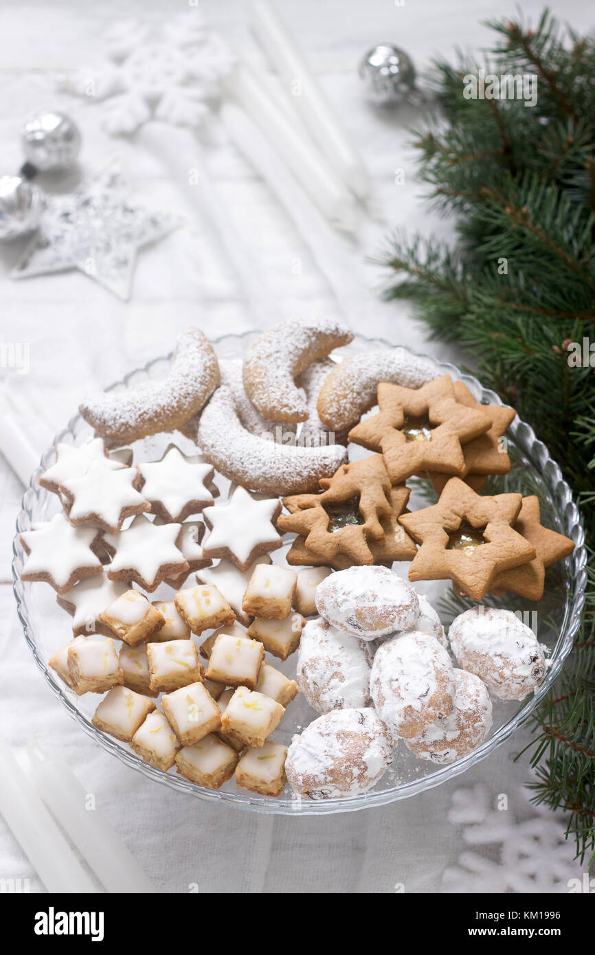Festive cookies assorted vanilla crescents, cinnamon stars ...
