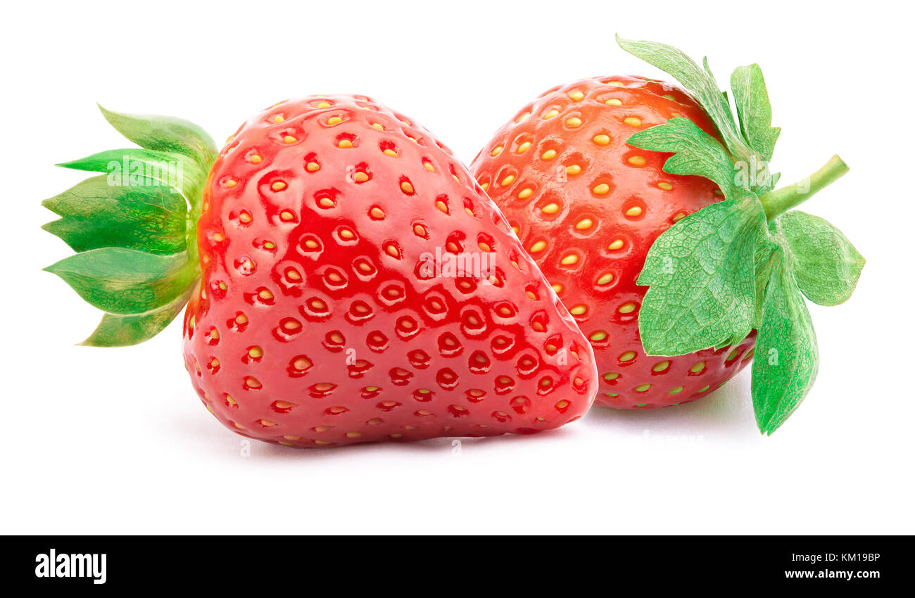 Two strawberries with leaves isolated Stock Photo - Alamy