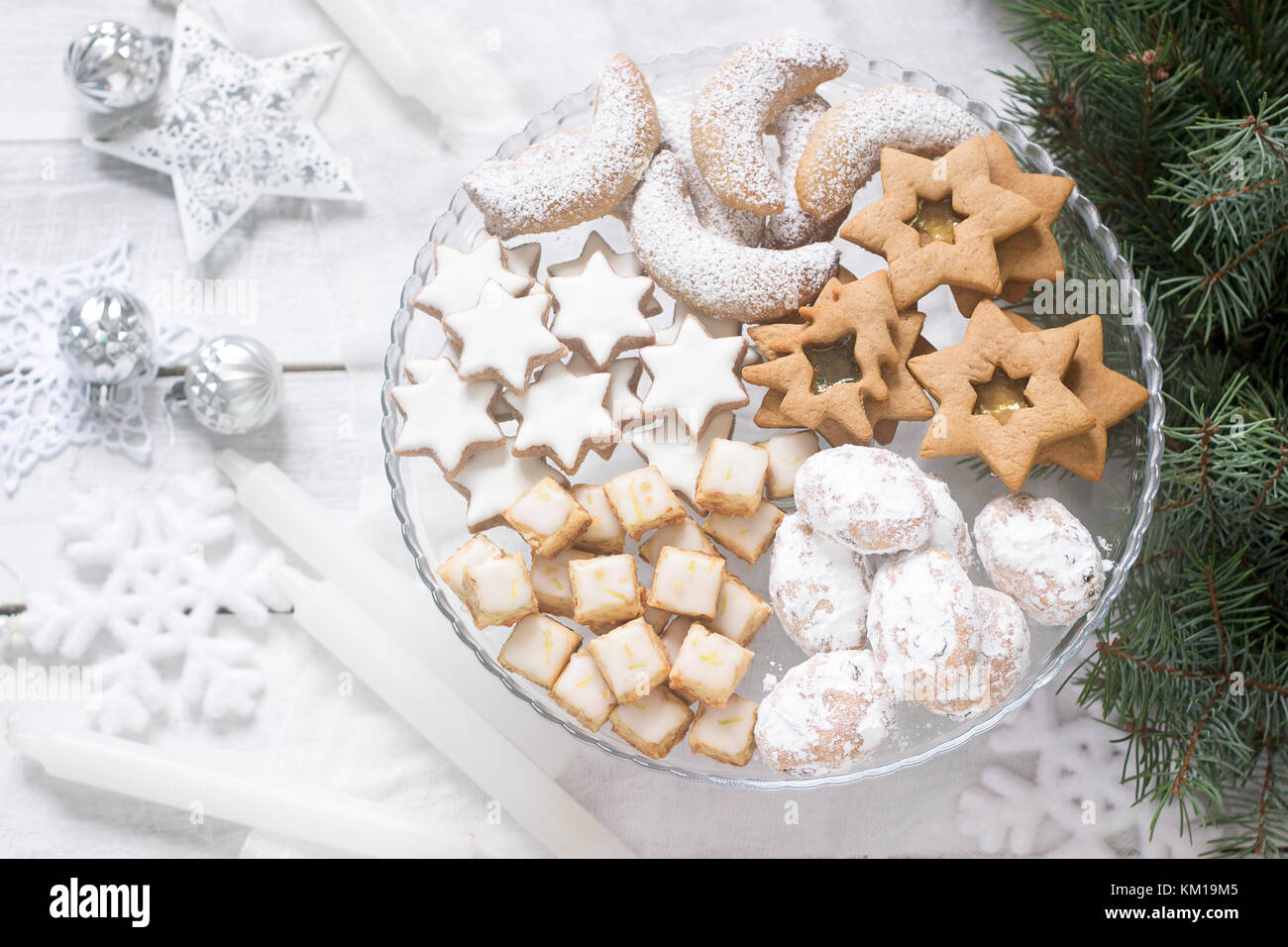 Festive cookies assorted vanilla crescents, cinnamon stars ...