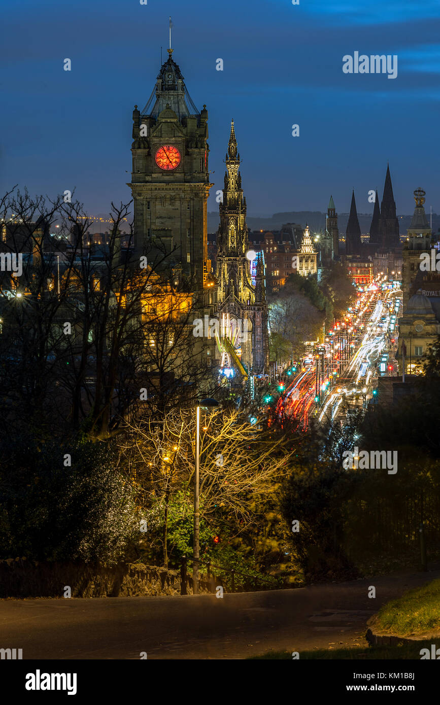 Night time view along Princes Street, Edinburgh with the Balmoral ...