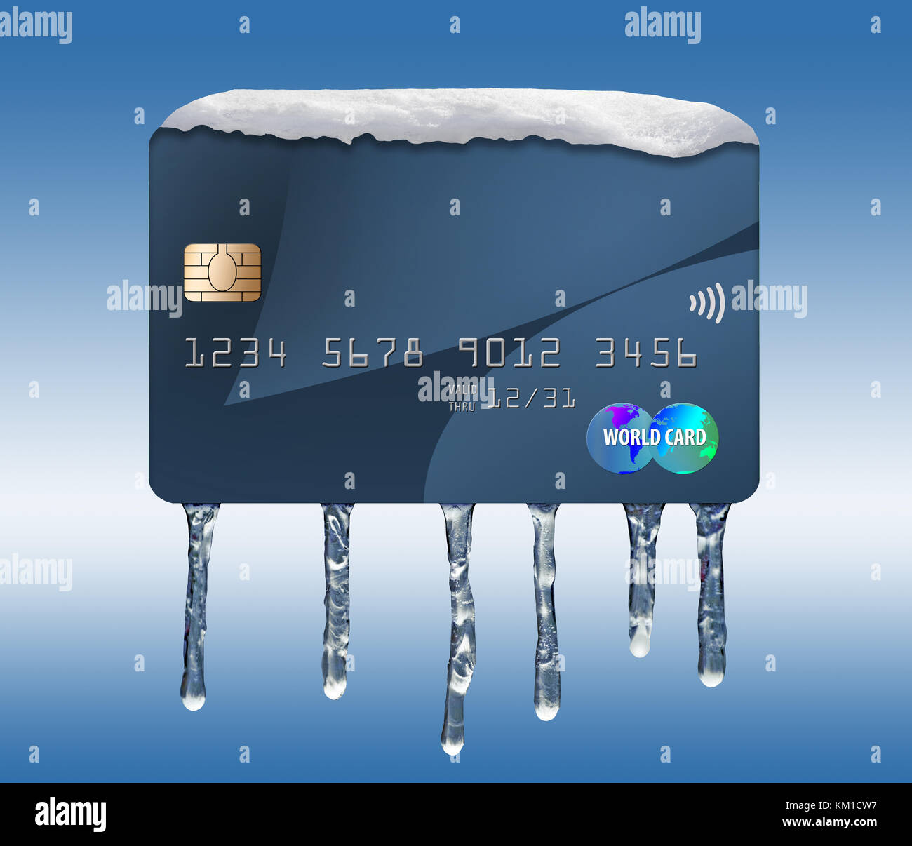 Credit cards with icicles and snow on them represent a freeze placed on ...