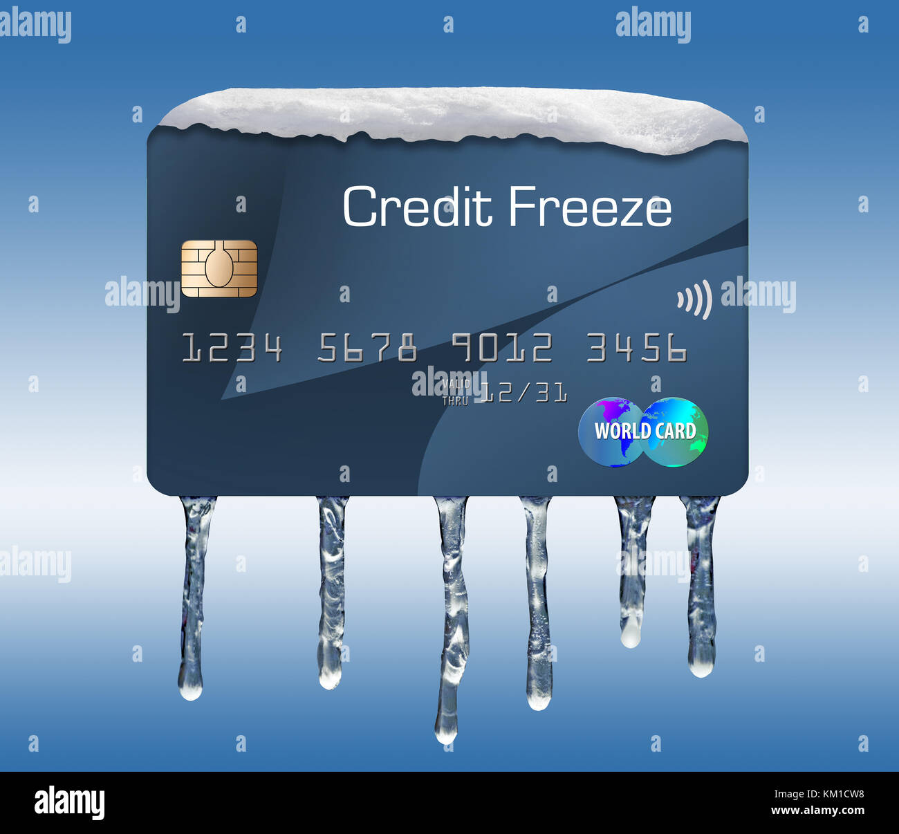 Credit cards with icicles and snow on them represent a freeze placed on ...