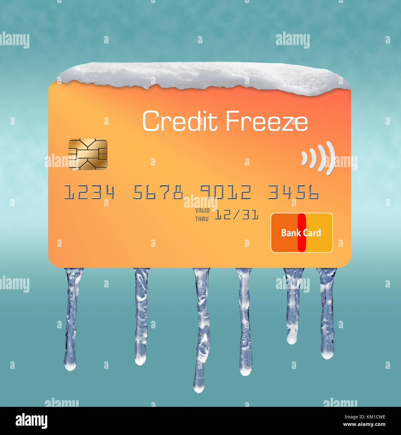 Credit cards with icicles and snow on them represent a freeze placed on ...