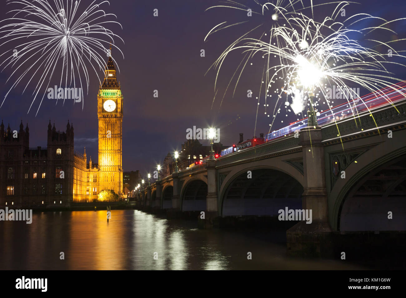 explosive fireworks display fills the sky around Big Ben. New Year's ...