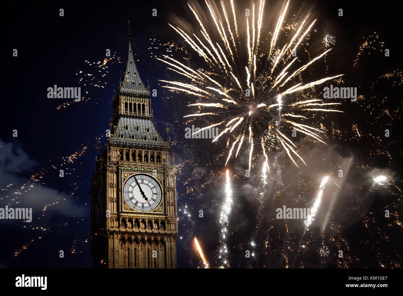 explosive fireworks display fills the sky around Big Ben. New Year's ...