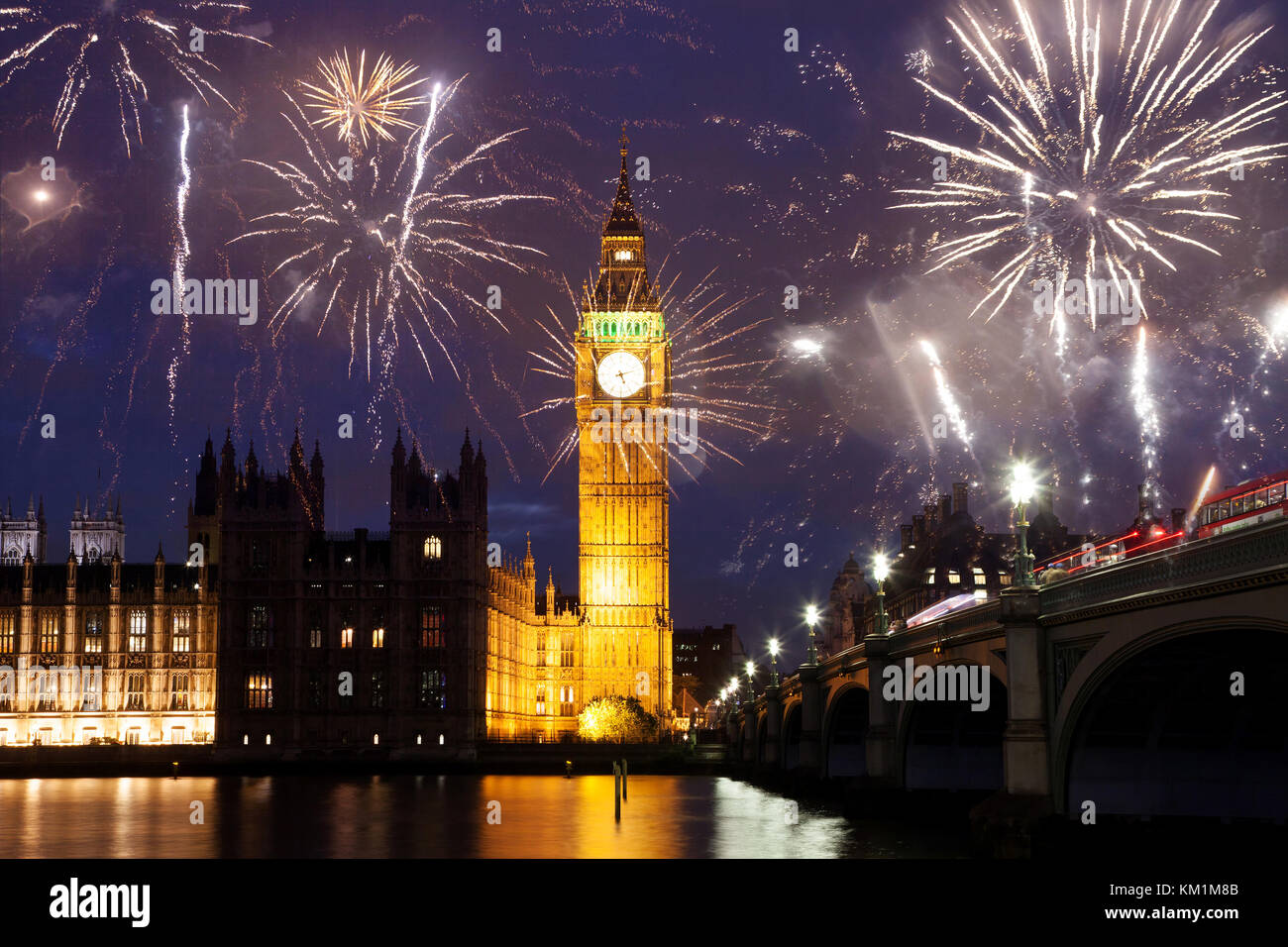 explosive fireworks display fills the sky around Big Ben. New Year's ...