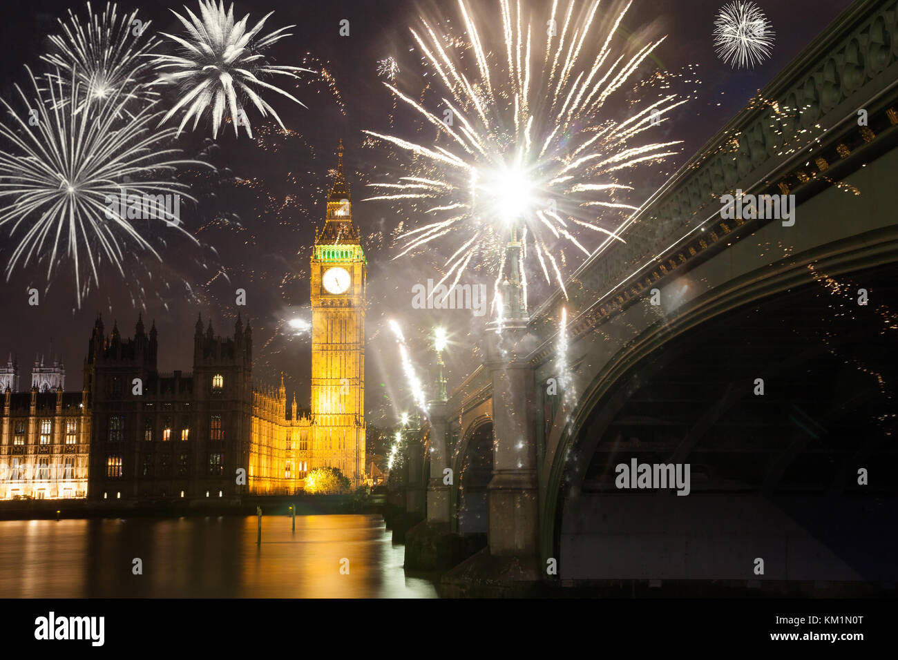 explosive fireworks display fills the sky around Big Ben. New Year's ...
