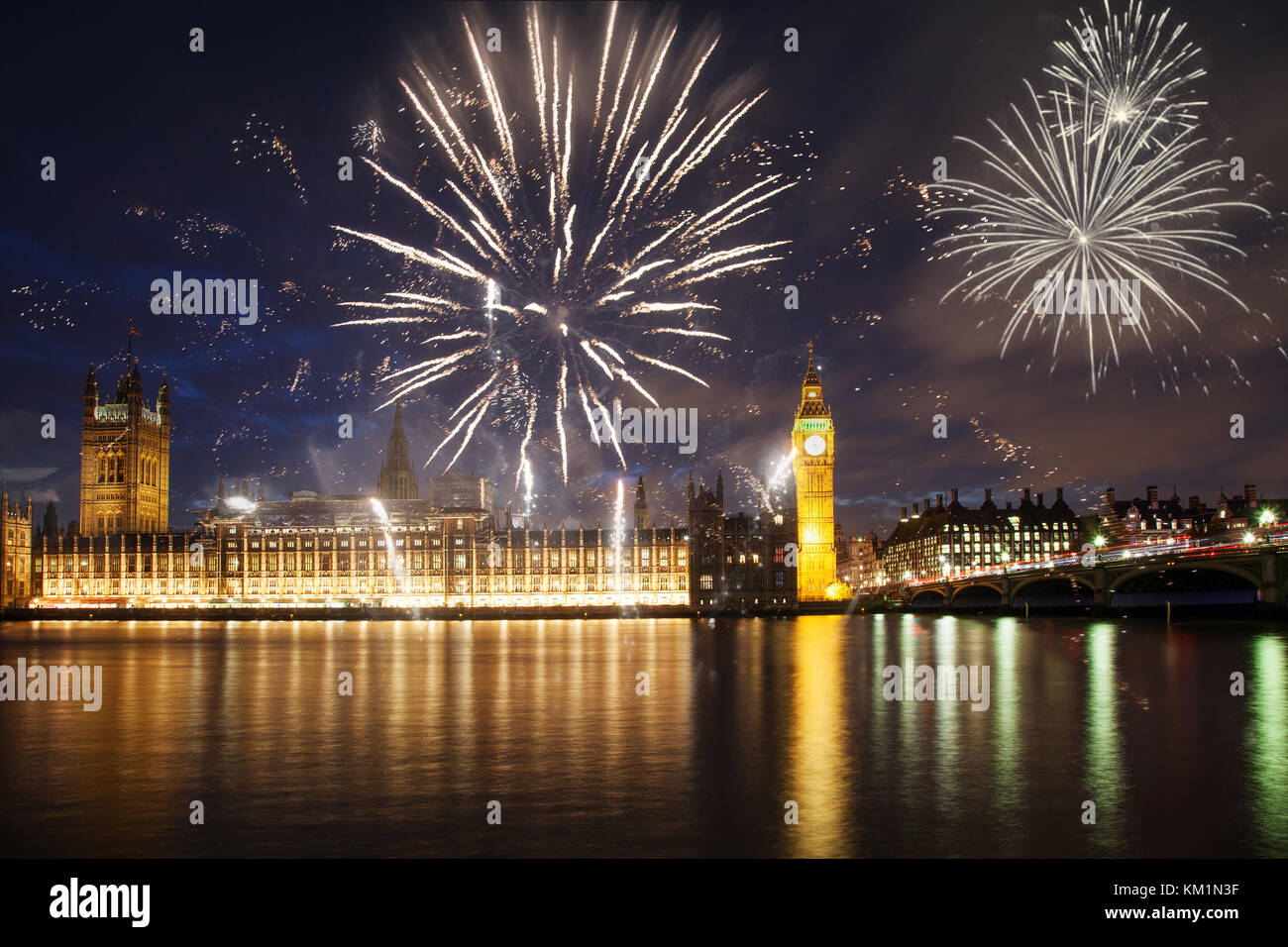explosive fireworks display fills the sky around Big Ben. New Year's ...