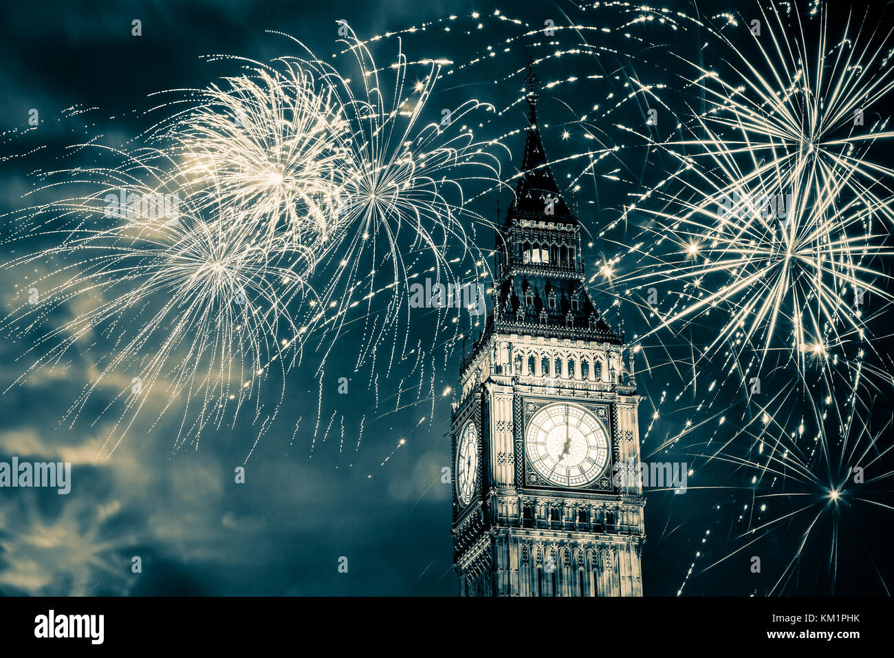 explosive fireworks display fills the sky around Big Ben. New Year's ...