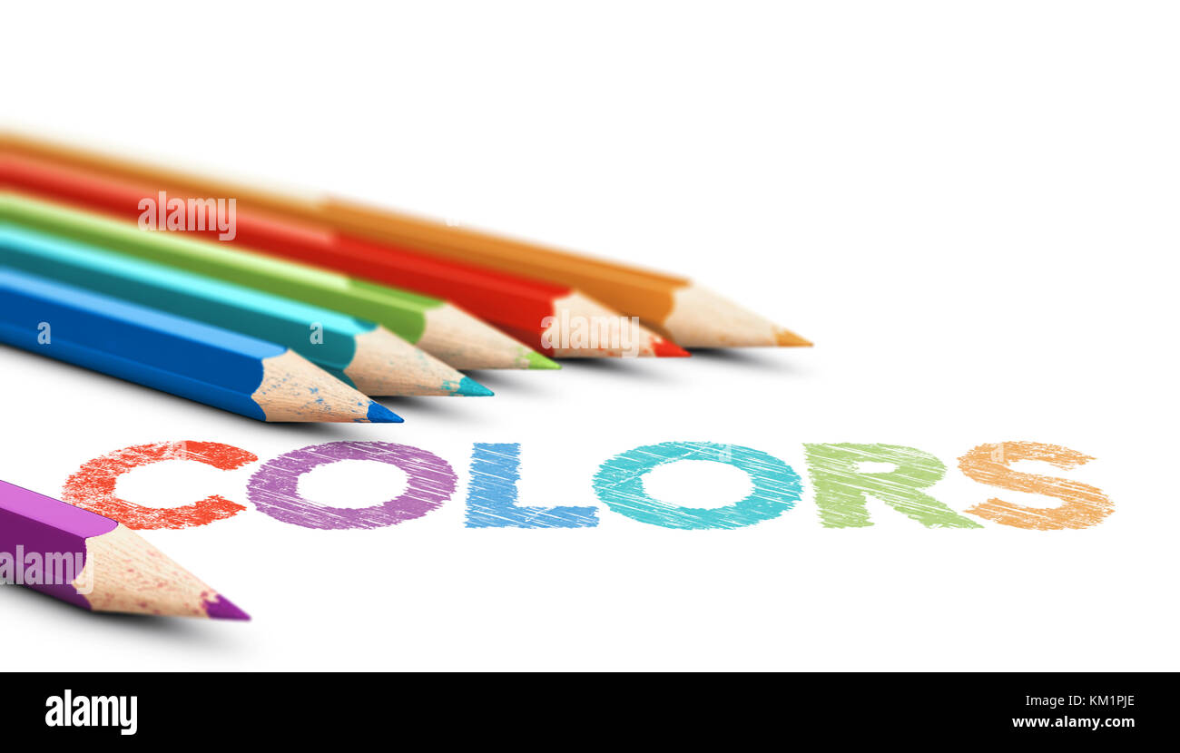 3D illustration of six wooden color pencils with the word colors over ...