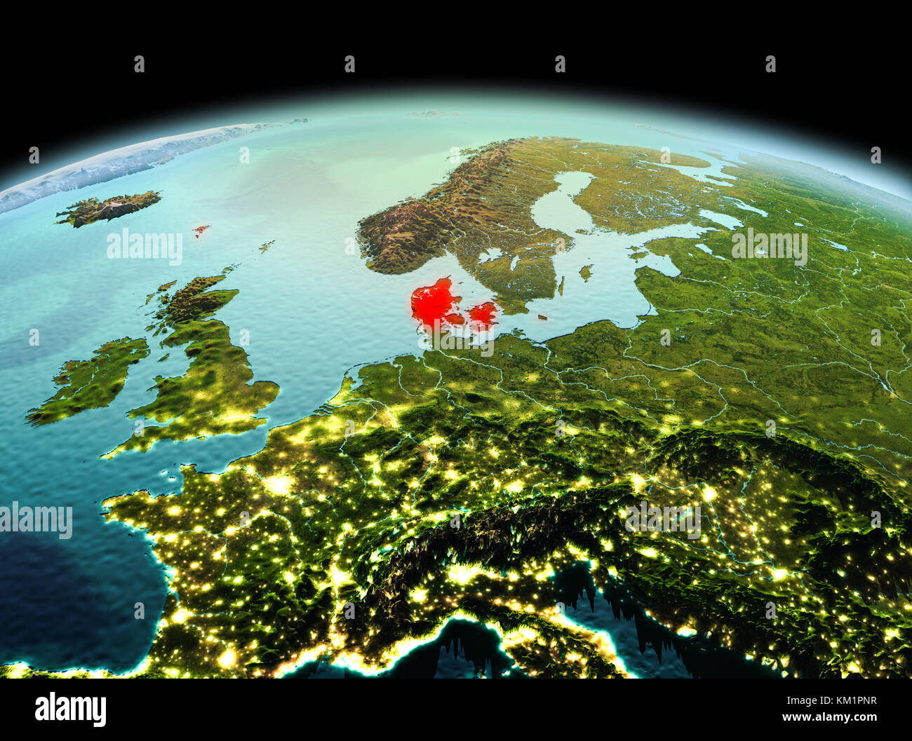 Morning above Denmark highlighted in red on model of planet Earth in space. 3D illustration ...