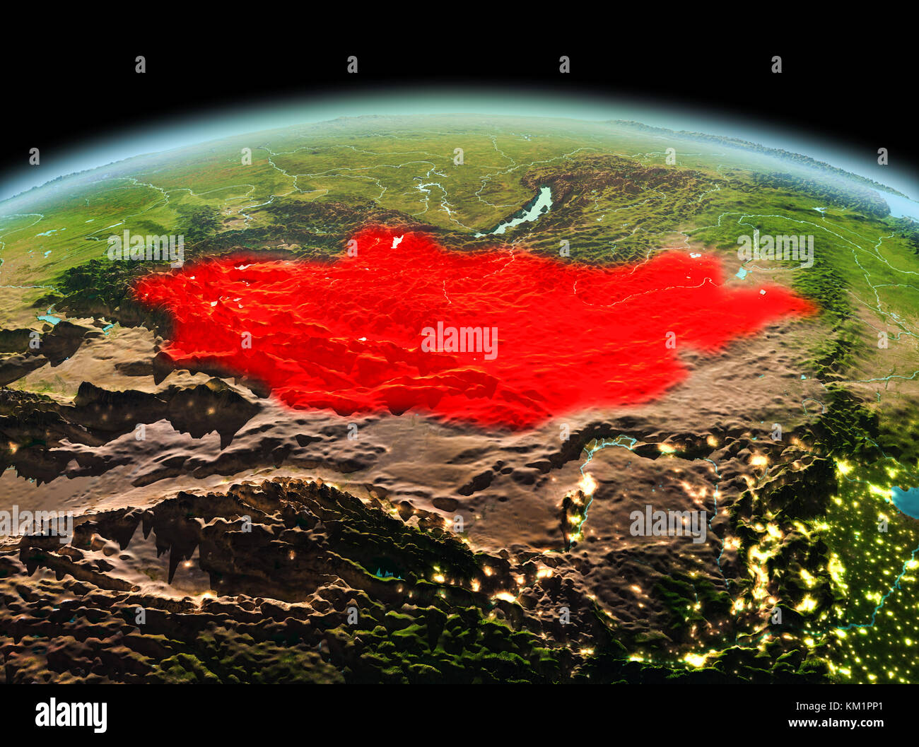 Morning above Mongolia highlighted in red on model of planet Earth in ...