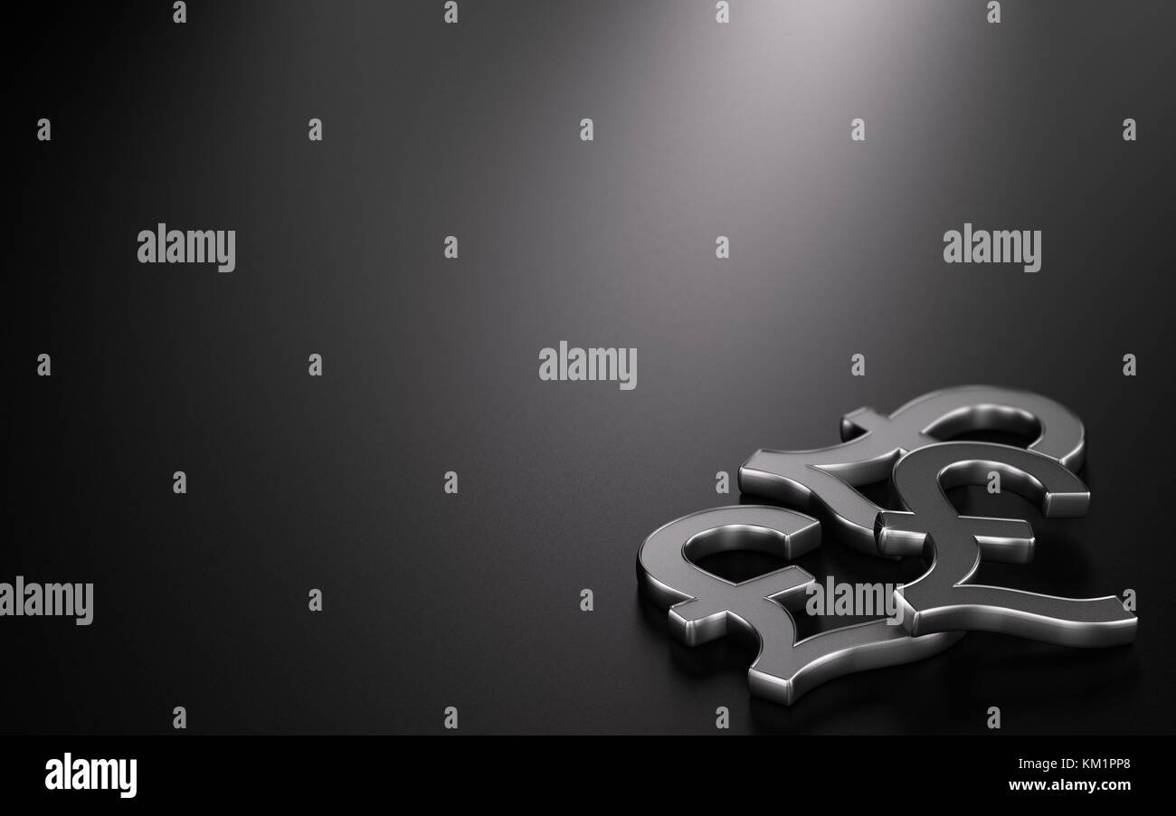 3D illustration of three Pound Sterling symbols over black background ...