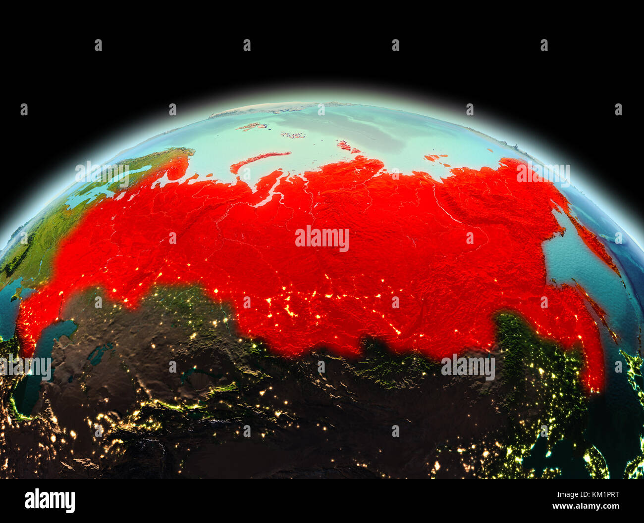 Morning above Russia highlighted in red on model of planet Earth in ...