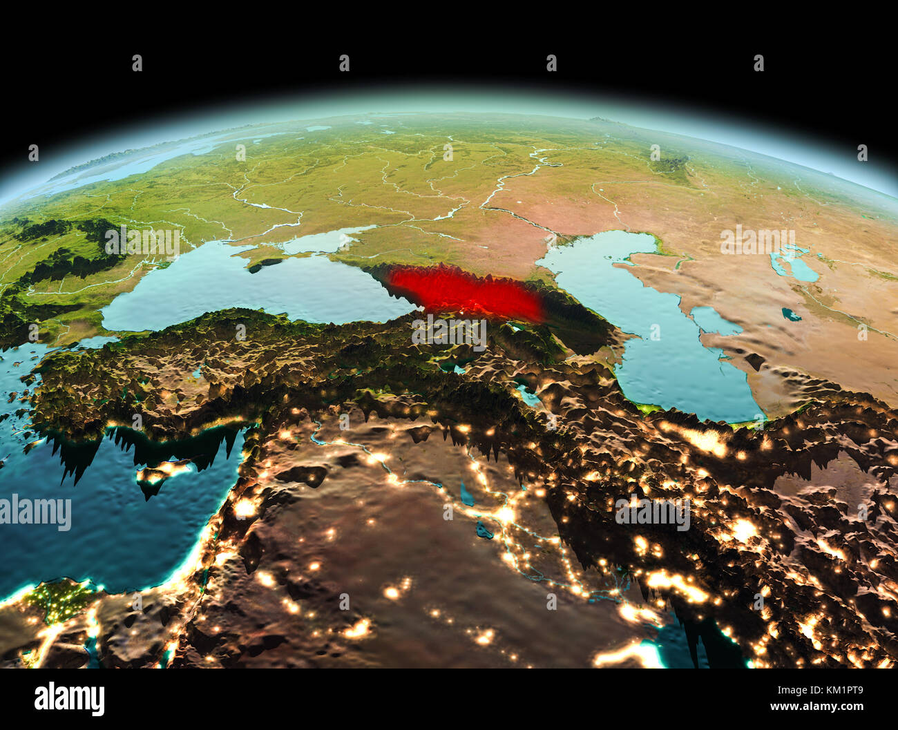 Morning above Georgia highlighted in red on model of planet Earth in ...