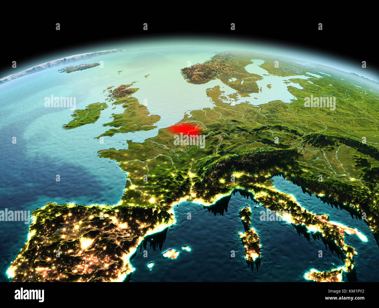 Morning above Belgium highlighted in red on model of planet Earth in space. 3D illustration ...