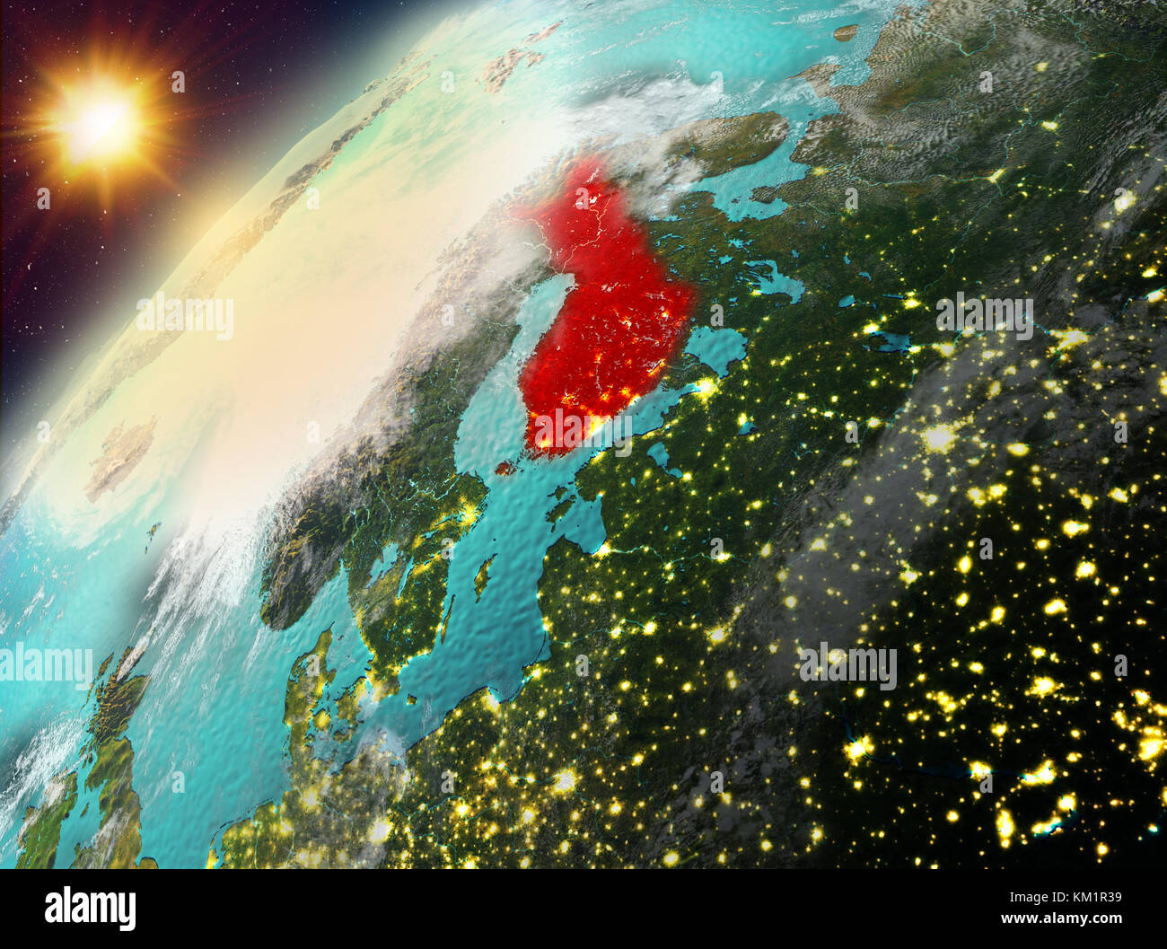 Illustration of Finland as seen from Earth’s orbit during sunset. 3D ...