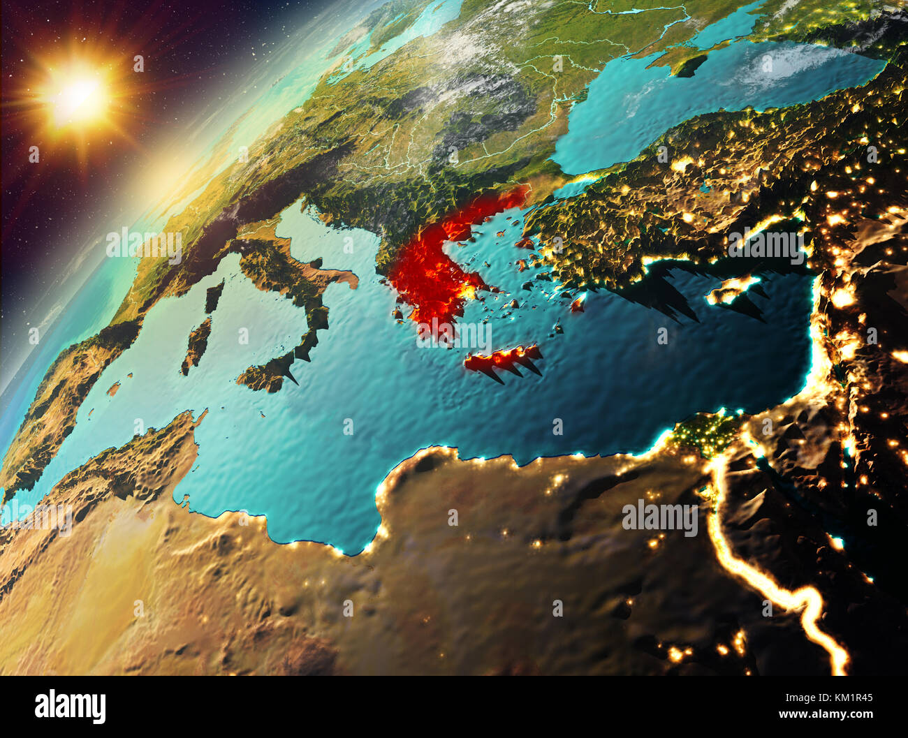 Illustration of Greece as seen from Earth’s orbit during sunset. 3D ...