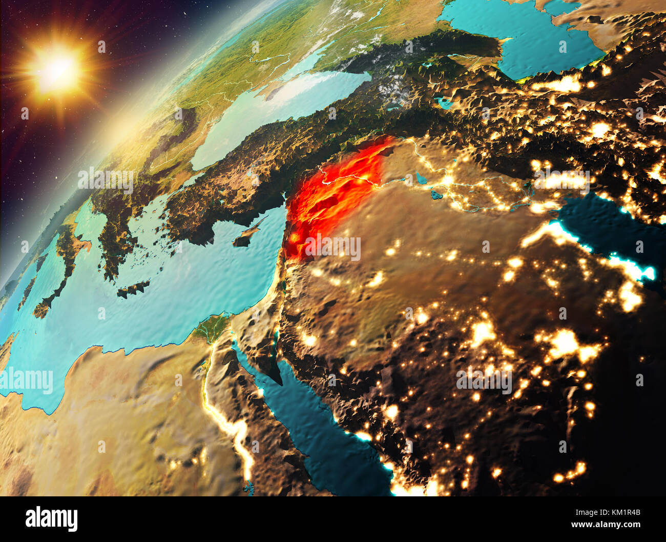 Illustration of Syria as seen from Earth’s orbit during sunset. 3D ...