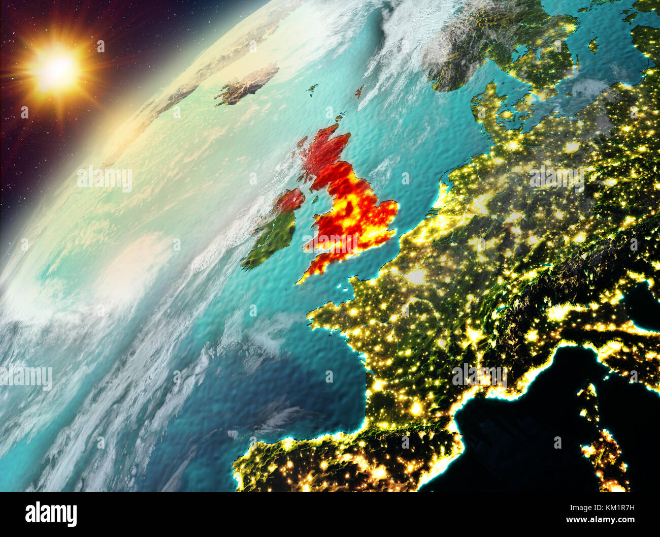 Illustration of United Kingdom as seen from Earth’s orbit during sunset ...